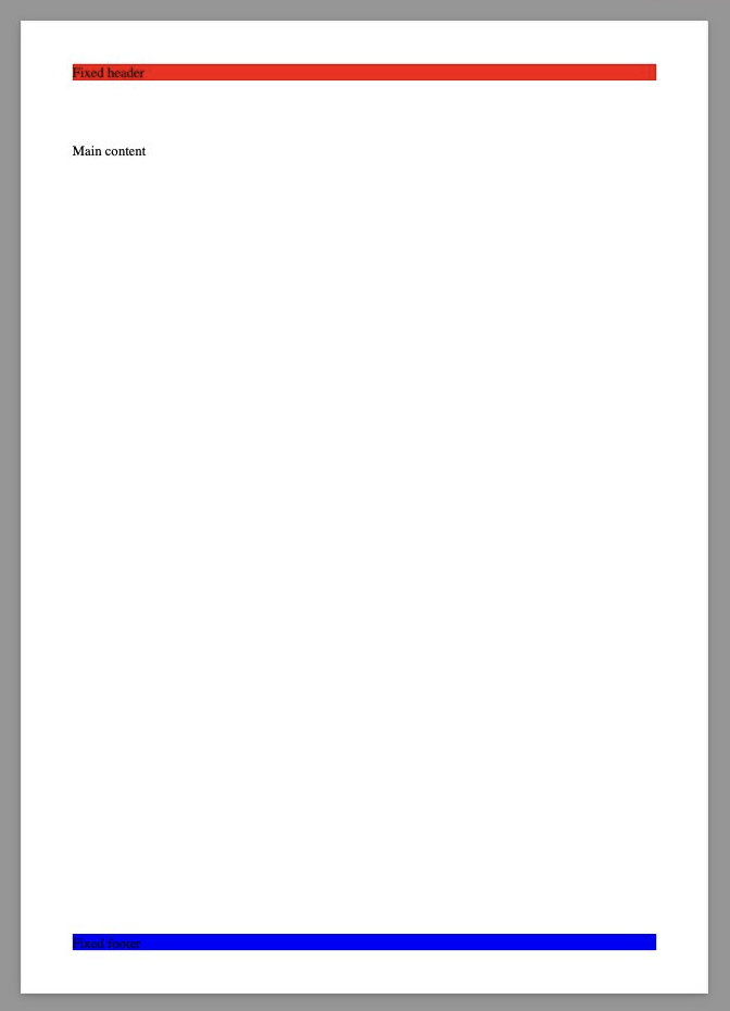 Generate a PDF that includes a fixed header and footer on every page ...